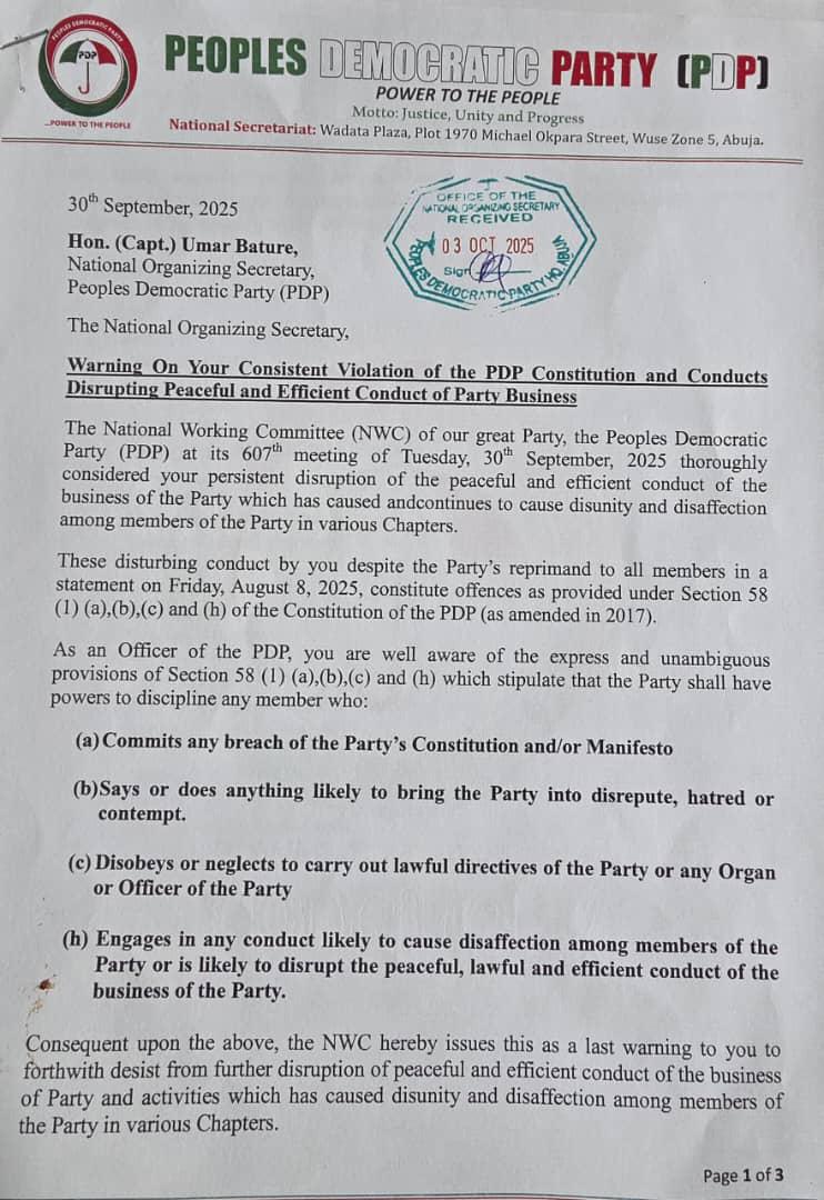 PDP NWC warning letter to Umar Bature - FOREFRONT NG